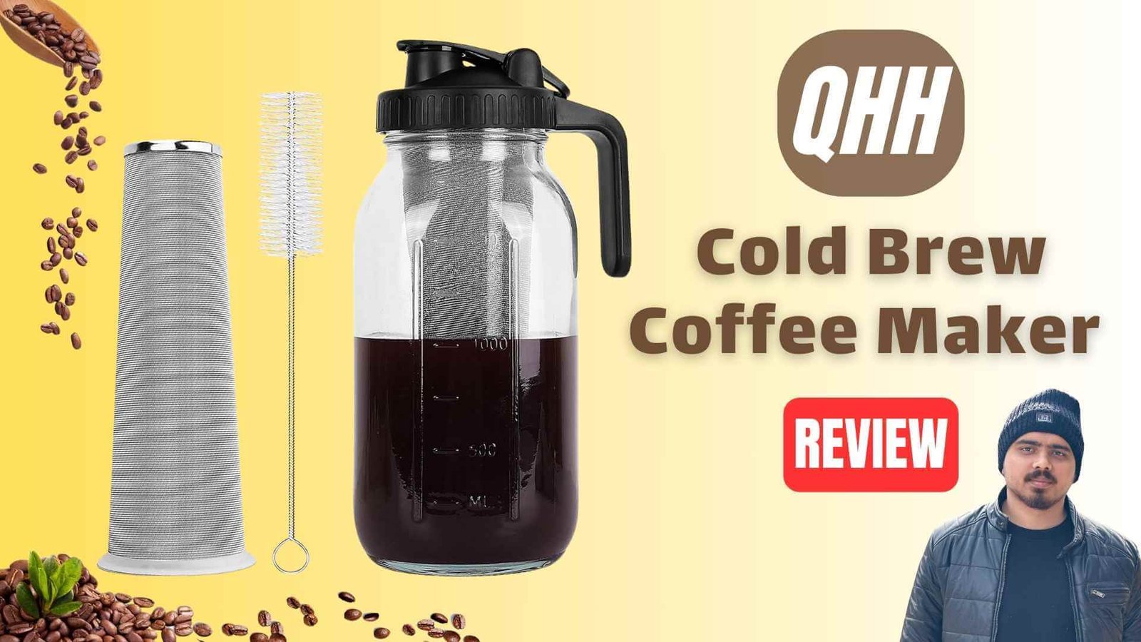 QHH Cold Brew Coffee Maker 64 oz - Glass Pitcher & Filter